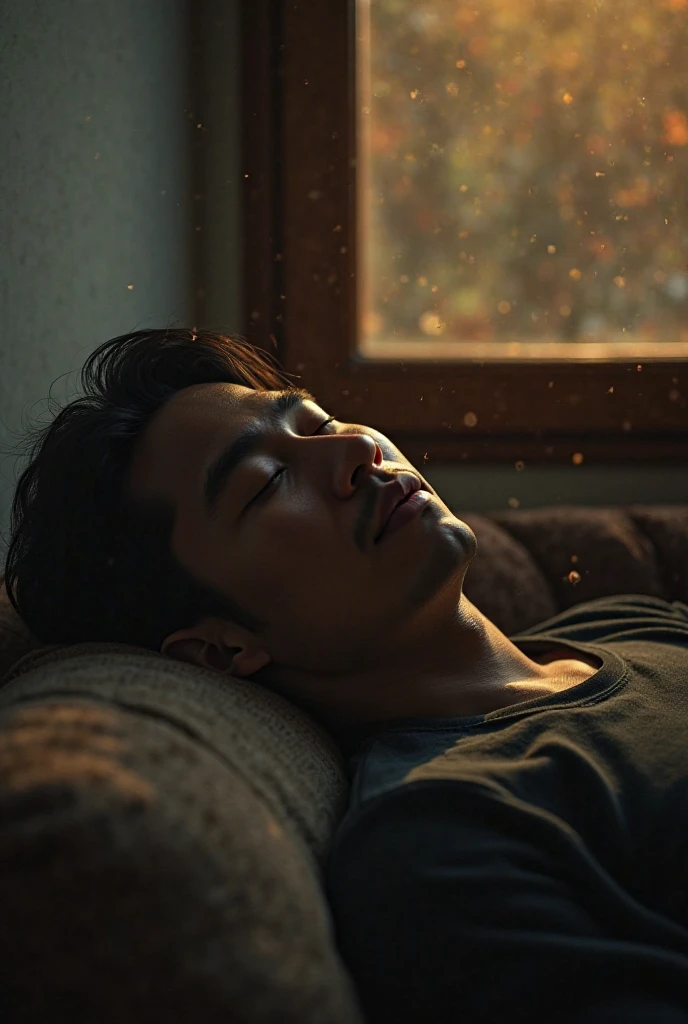 A dimly lit, intimate portrait of Manjiro Sano asleep on his couch ...