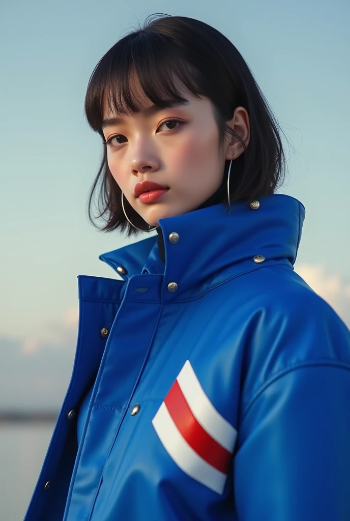 Blue jacket, WHITE AND RED - SeaArt AI
