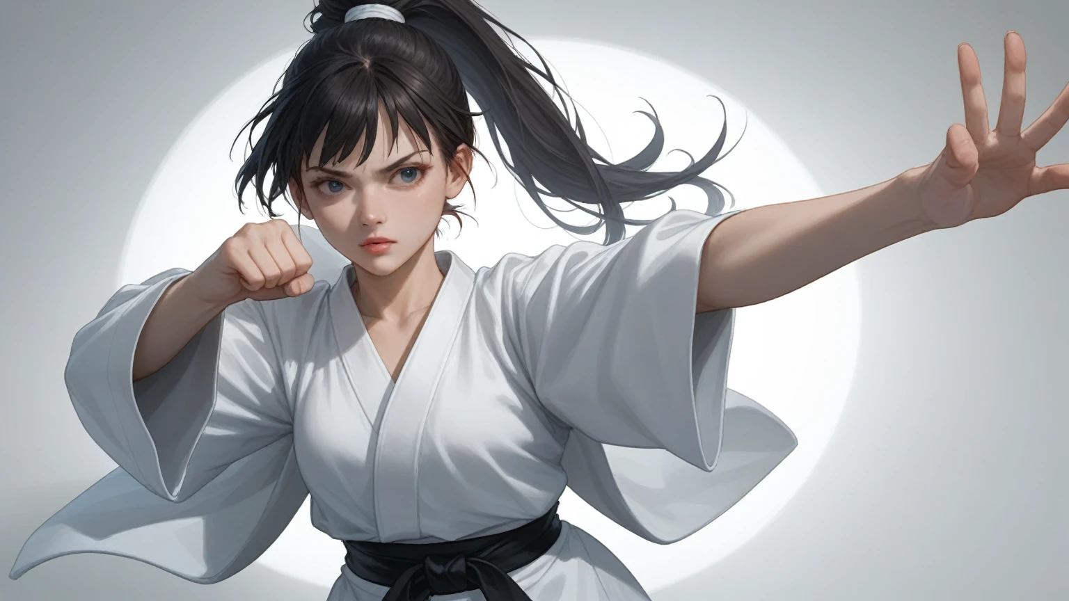 A young woman in a white karate gi, demonstrating a defensive stance ...