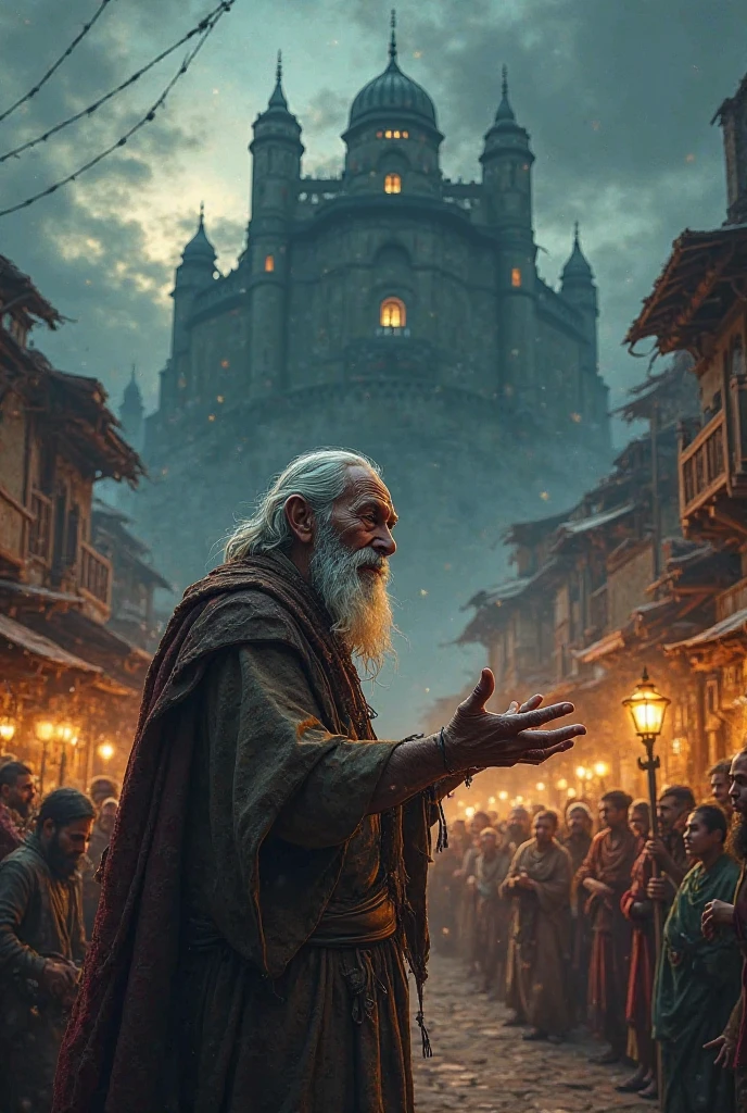 An old storyteller in a bustling village square, surrounded by curious ...