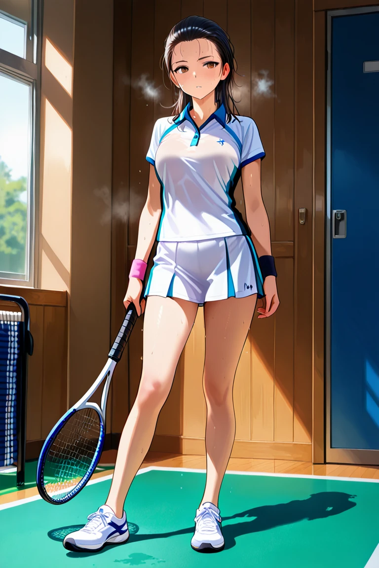 Female tennis player holding racket, alone, full body, front - SeaArt AI