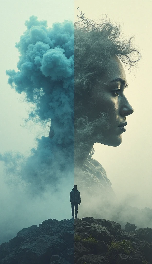 Photoillustration of double exposure of split vertically oftwo ...