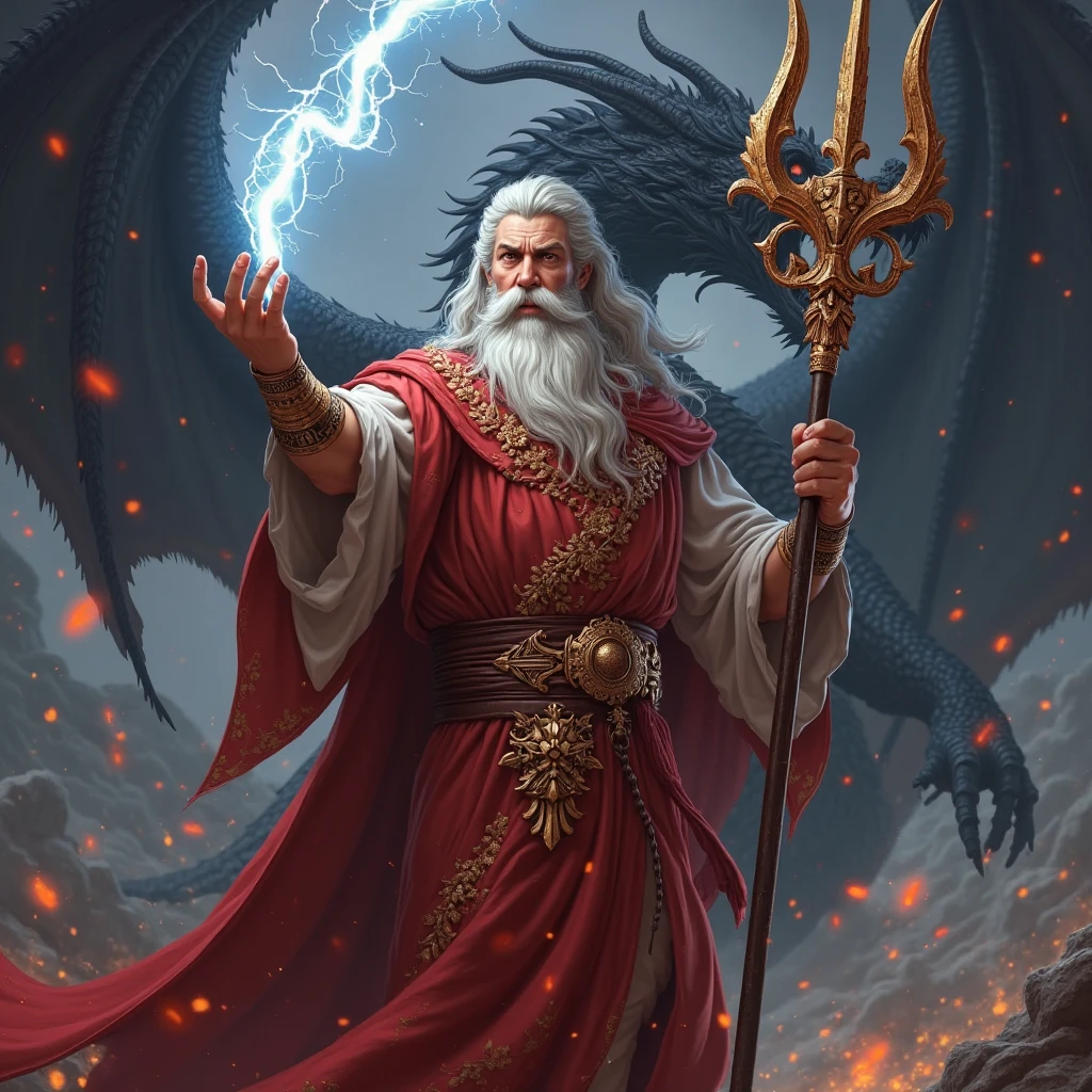 Dashing red-robed Zeus character holding a lightning trident - SeaArt AI