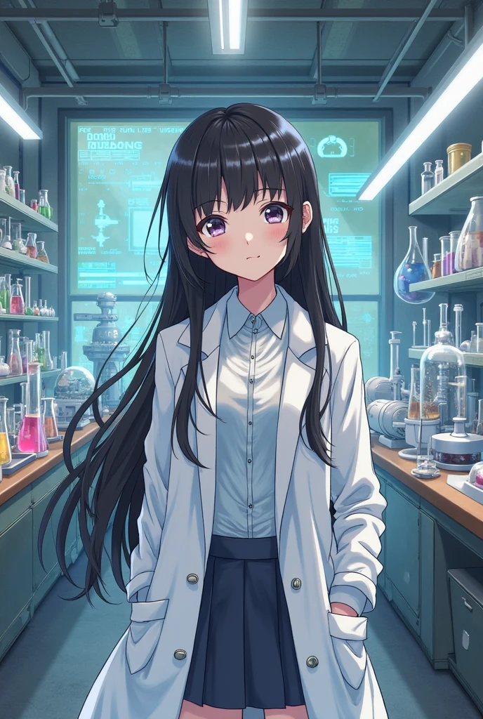 Young girl student with long black hair wearing scientist's coat in ...