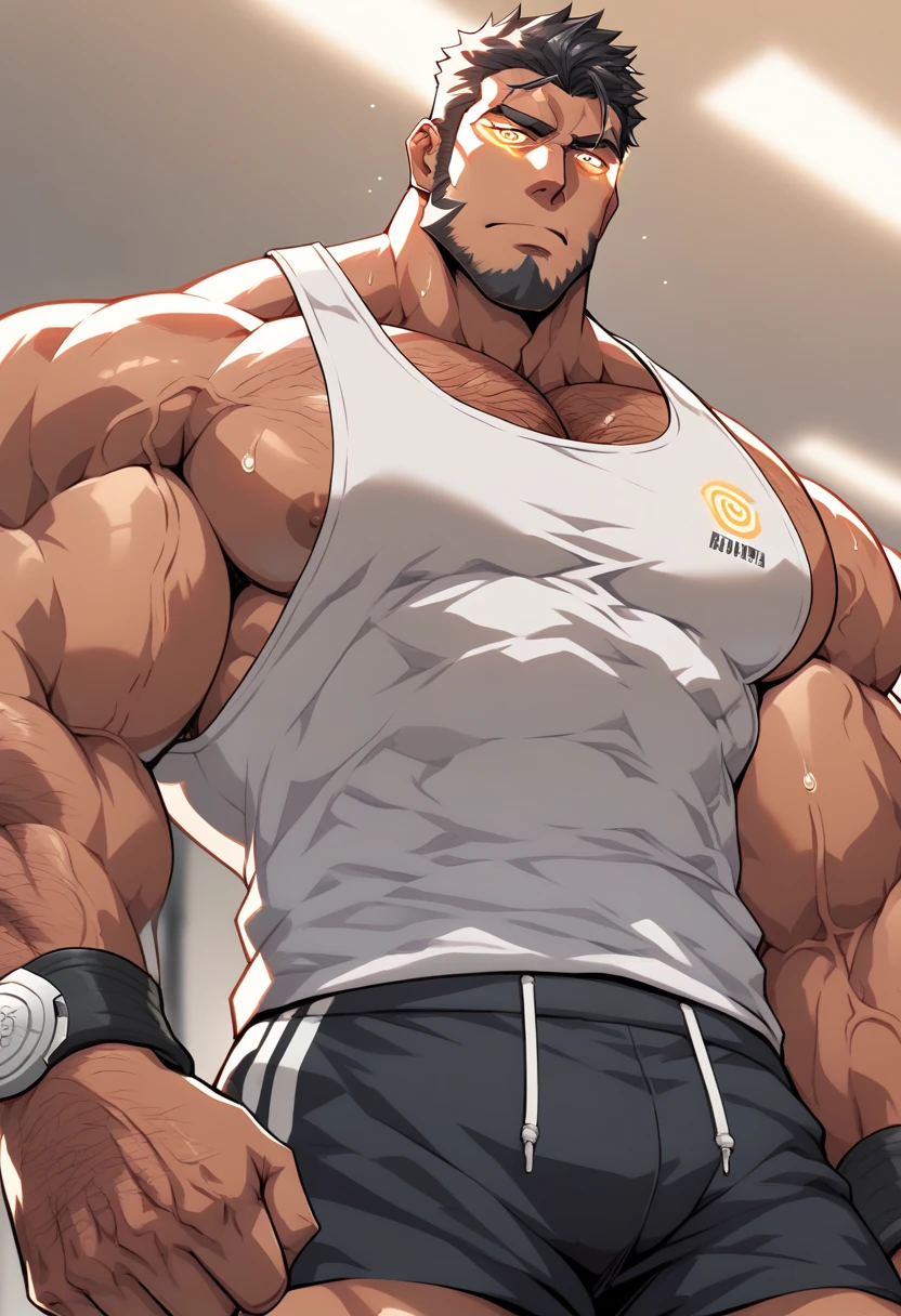 Colossus alone in the gym, staring at golden pendulum, stringer tanktop ...