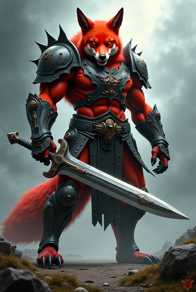 Ferocious Fox Man, большой, Bright red , in armor, with a large two ...