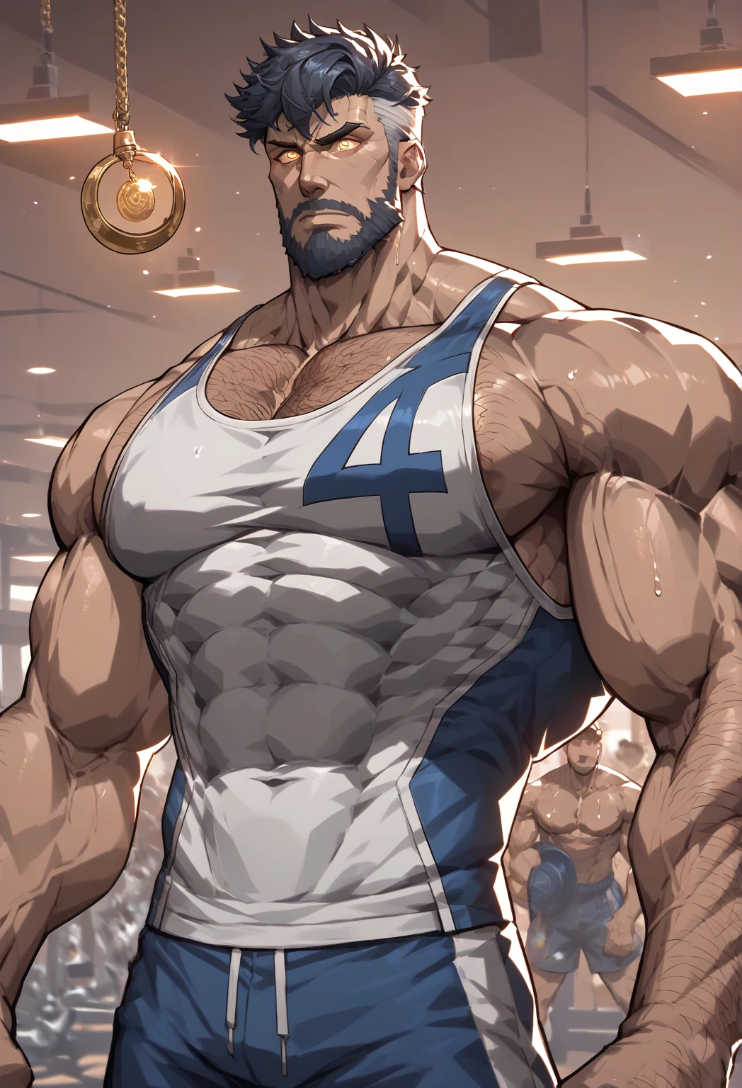 Mr. Fantastic alone in the gym, staring at golden pendulum, stringer tanktop - SeaArt AI