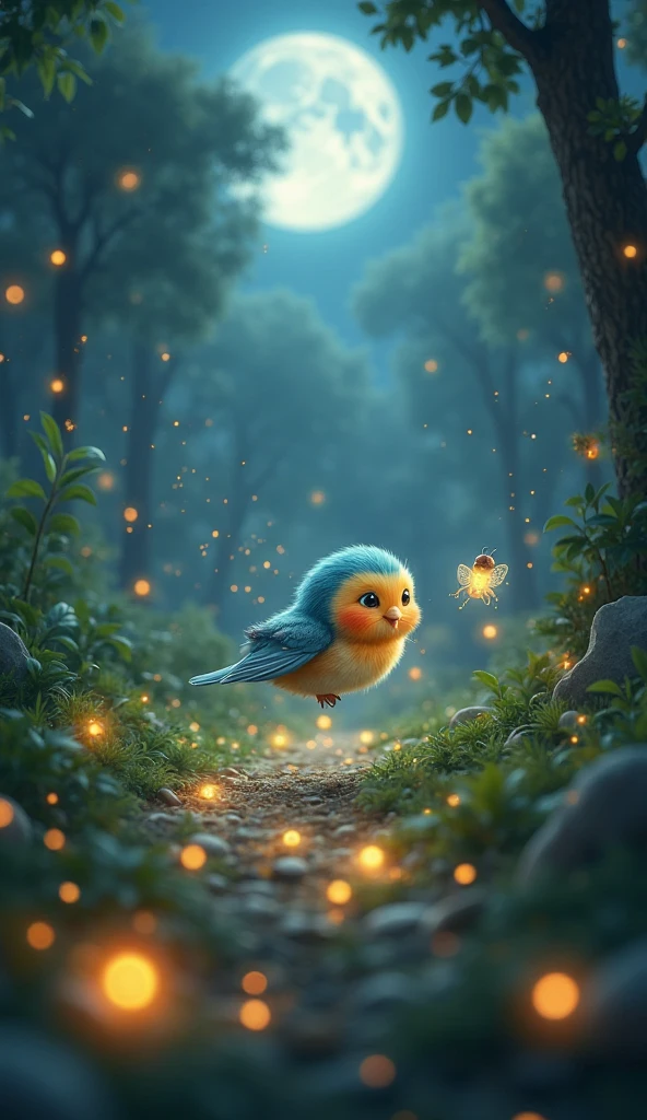 Pip the little bird flying alongside Flick the firefly ahead - SeaArt AI