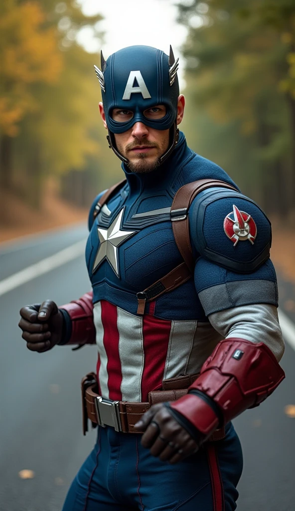 Realistic Captain America, wearing his classic costume, threatening ...