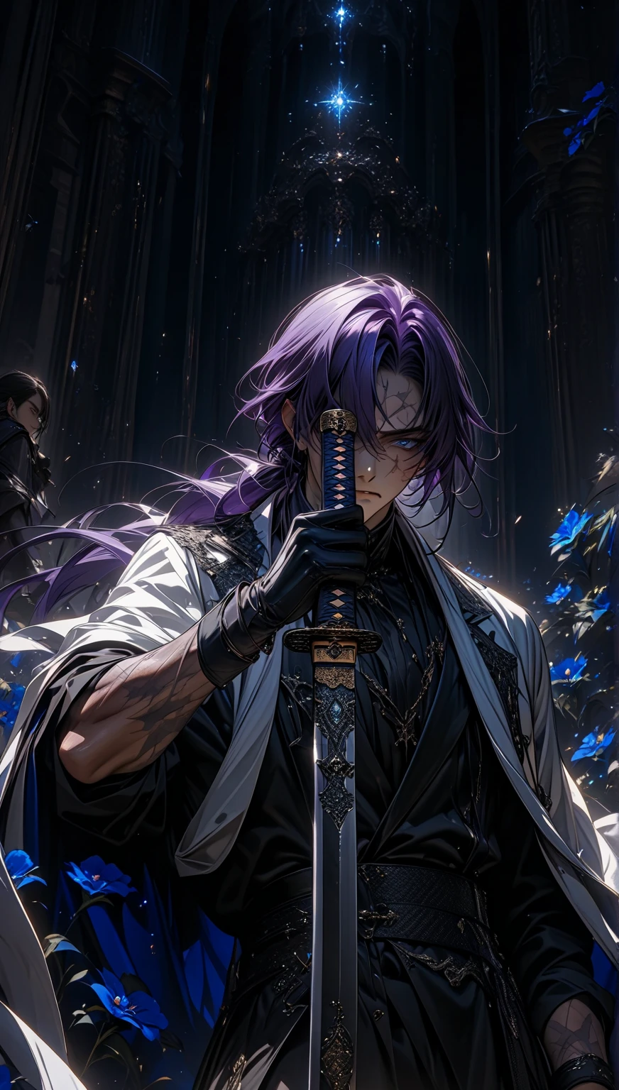 (masterpiece:1.5)，best quality，(1 handsomeな male)，alone，low ponytail ...