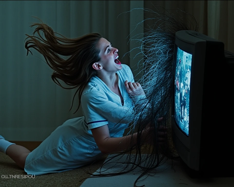 A nurse is being sucked into a TV screen She's screaming with fear She ...