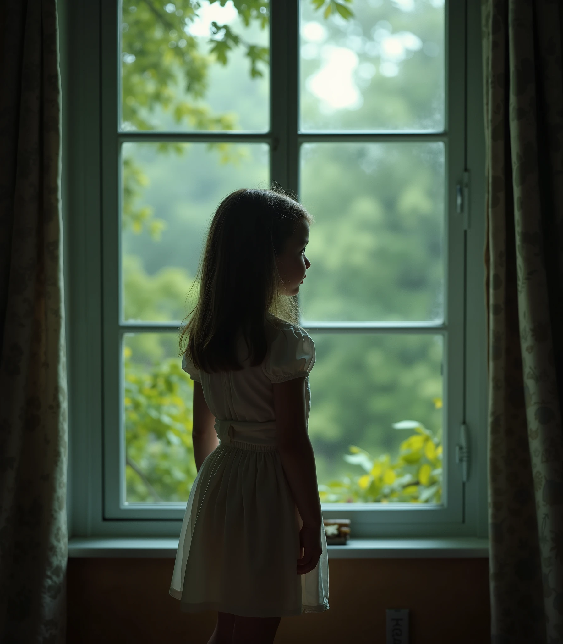 There is a little girl standing in front of a window looking out - SeaArt AI