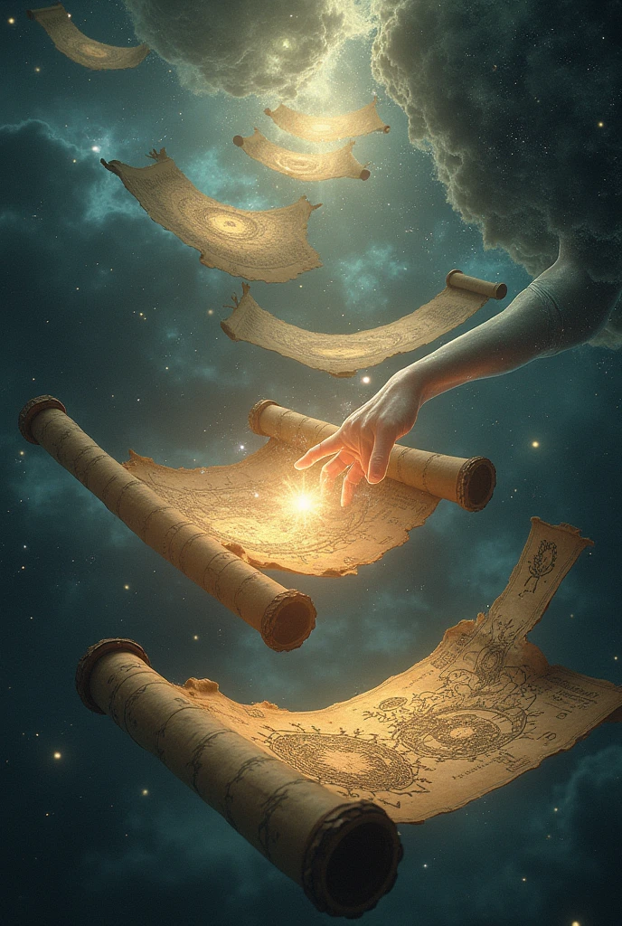 Ancient scrolls floating in space, inscribed with celestial blueprints - SeaArt AI