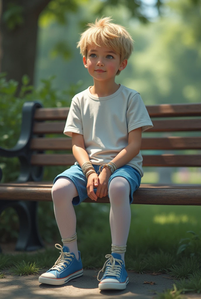 Boy, white pantyhose, blue shorts, blue sneakers during the day - SeaArt AI