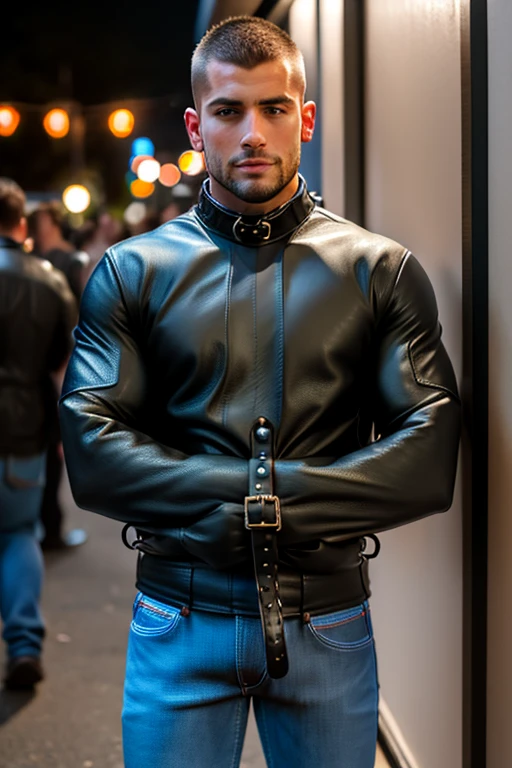 Leather straitjacket, (male:1.2), athletic body, masculine appeal ...