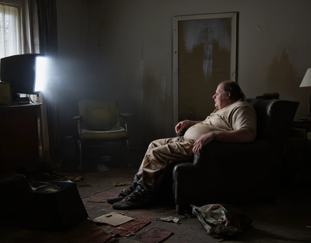 Obese, greasy man, ill-fitting clothes, dirty, watches television ...