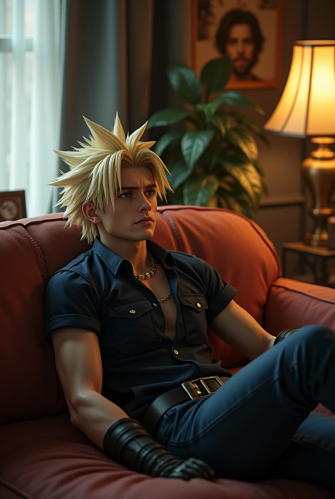 Cloud Strife lying on the couch - SeaArt AI