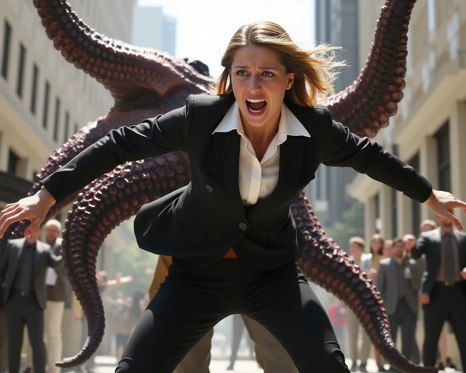 A woman in a suit is being attacked by a giant octopus。 She's screaming ...