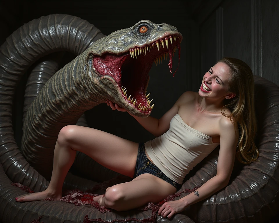 A woman in panties is being eaten by a giant worm。 she is screaming in so much - SeaArt AI