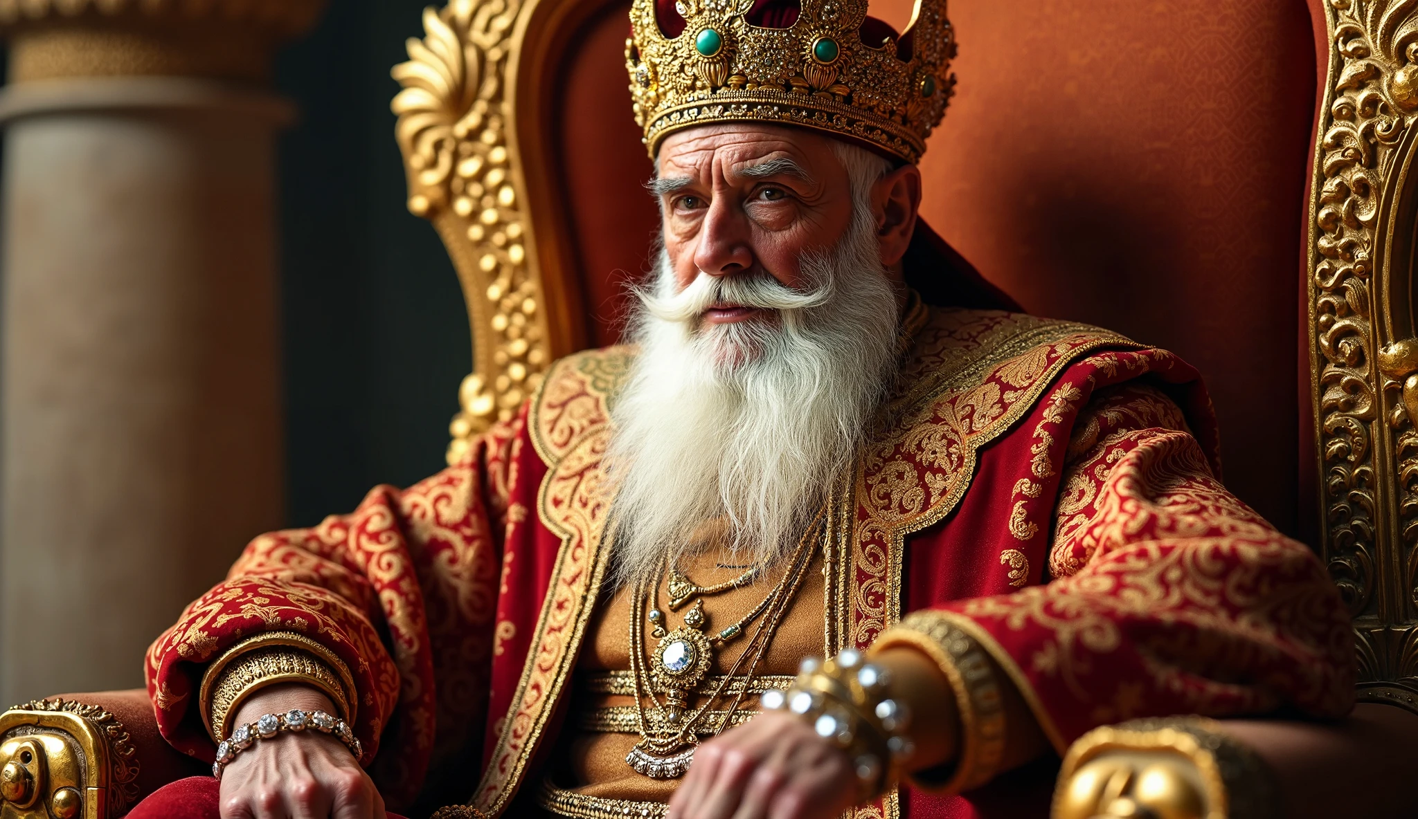 Arafed man with a long white beard and a gold crown sitting on a red ...