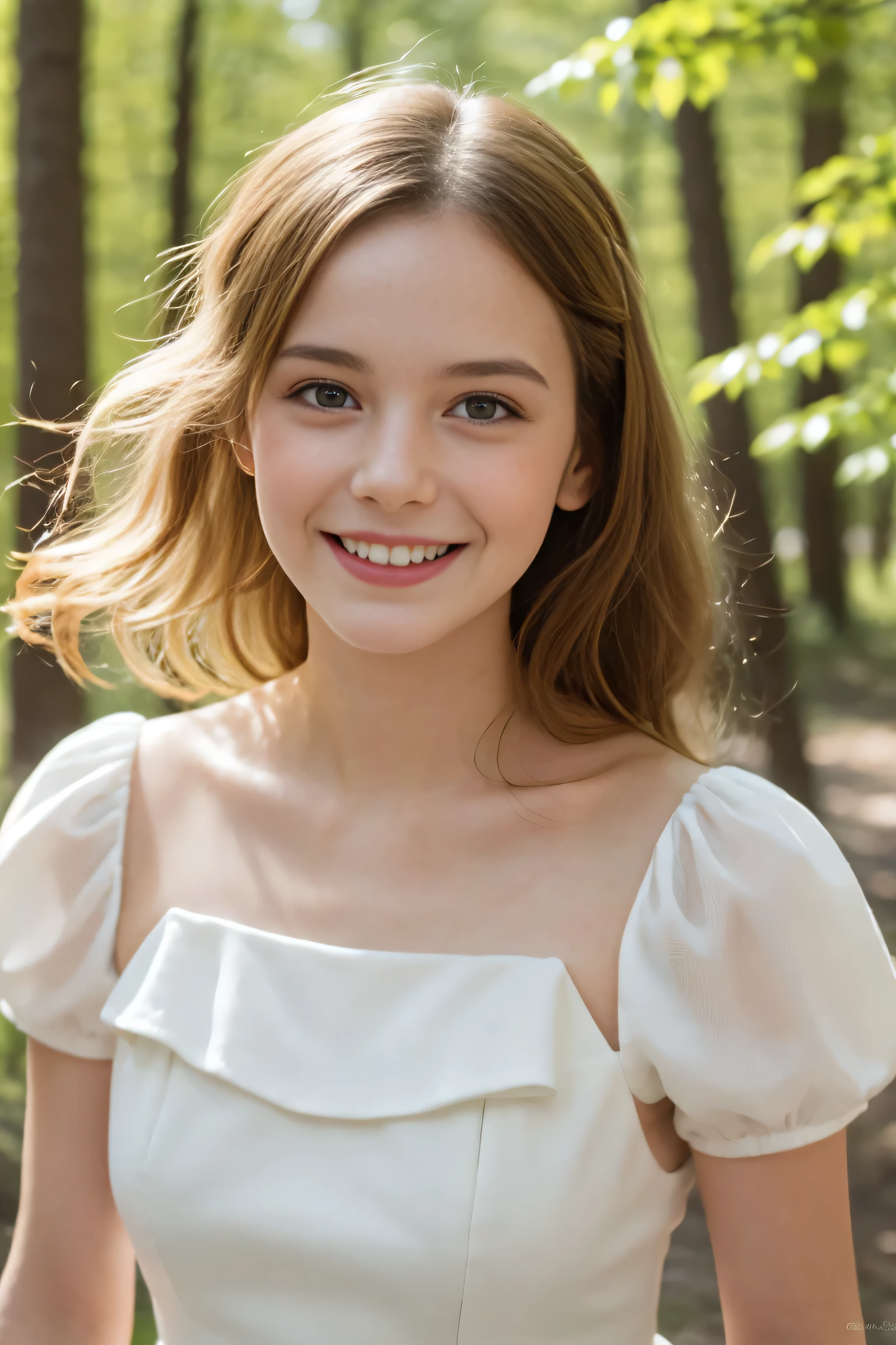 A close up of a young girl in a white dress smiling - SeaArt AI