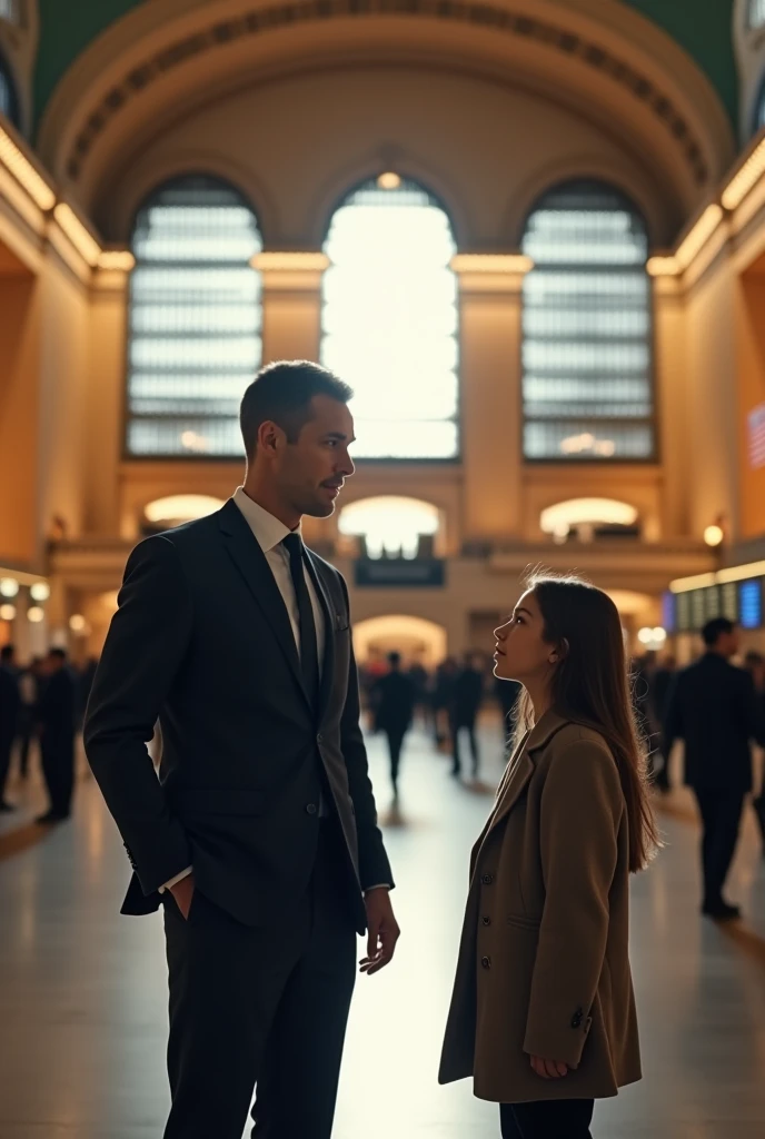 Realistic photo, a guy in a suit talks to his daughter at the train station - SeaArt AI
