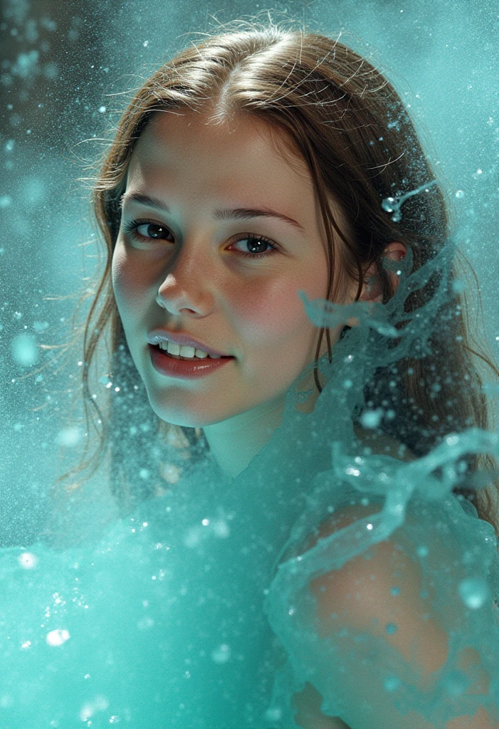 smiling gracefully, brown hairs. Giant transparent slime girl - SeaArt AI