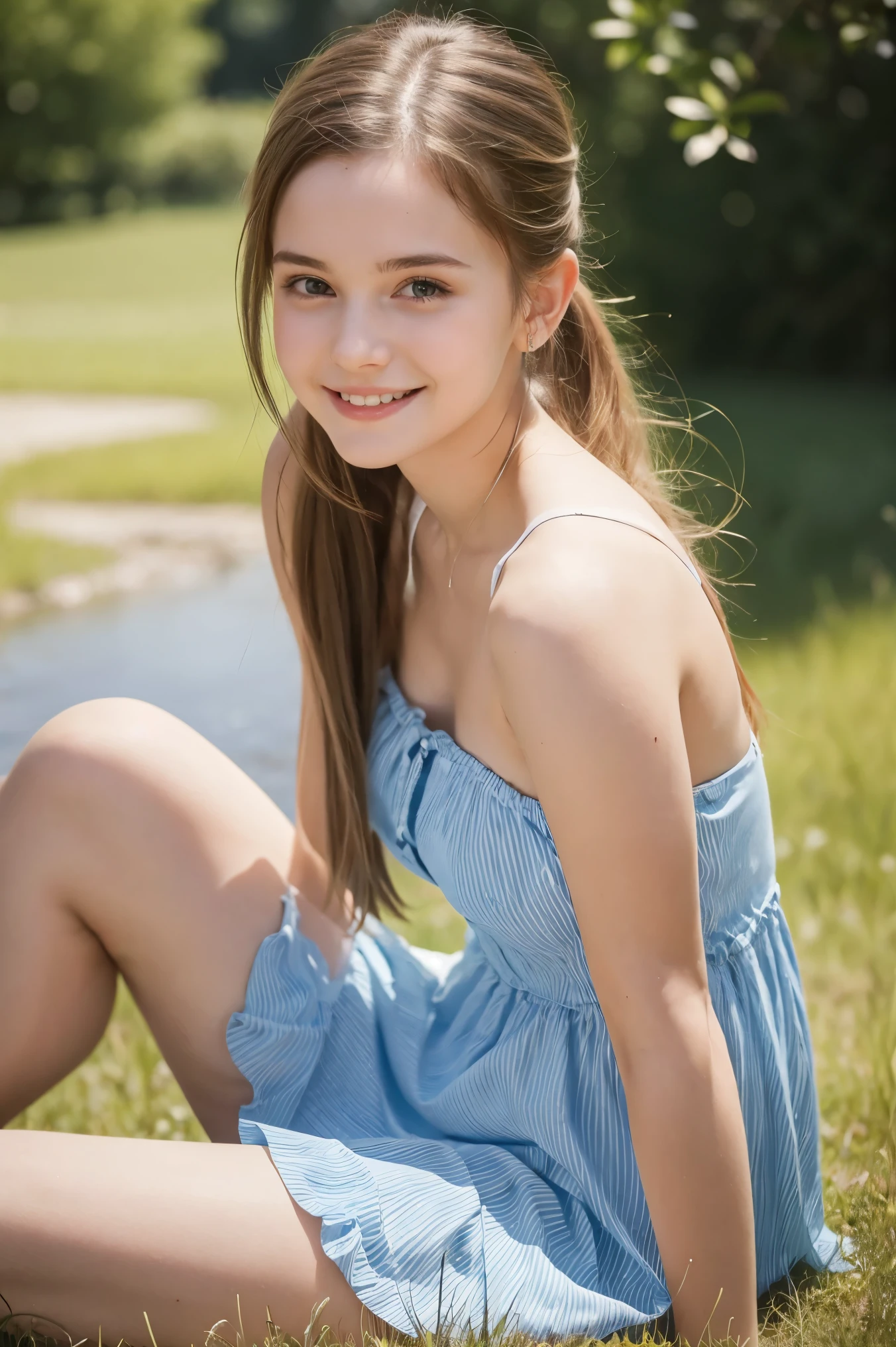 A close up of a young woman sitting on the ground near a river - SeaArt AI