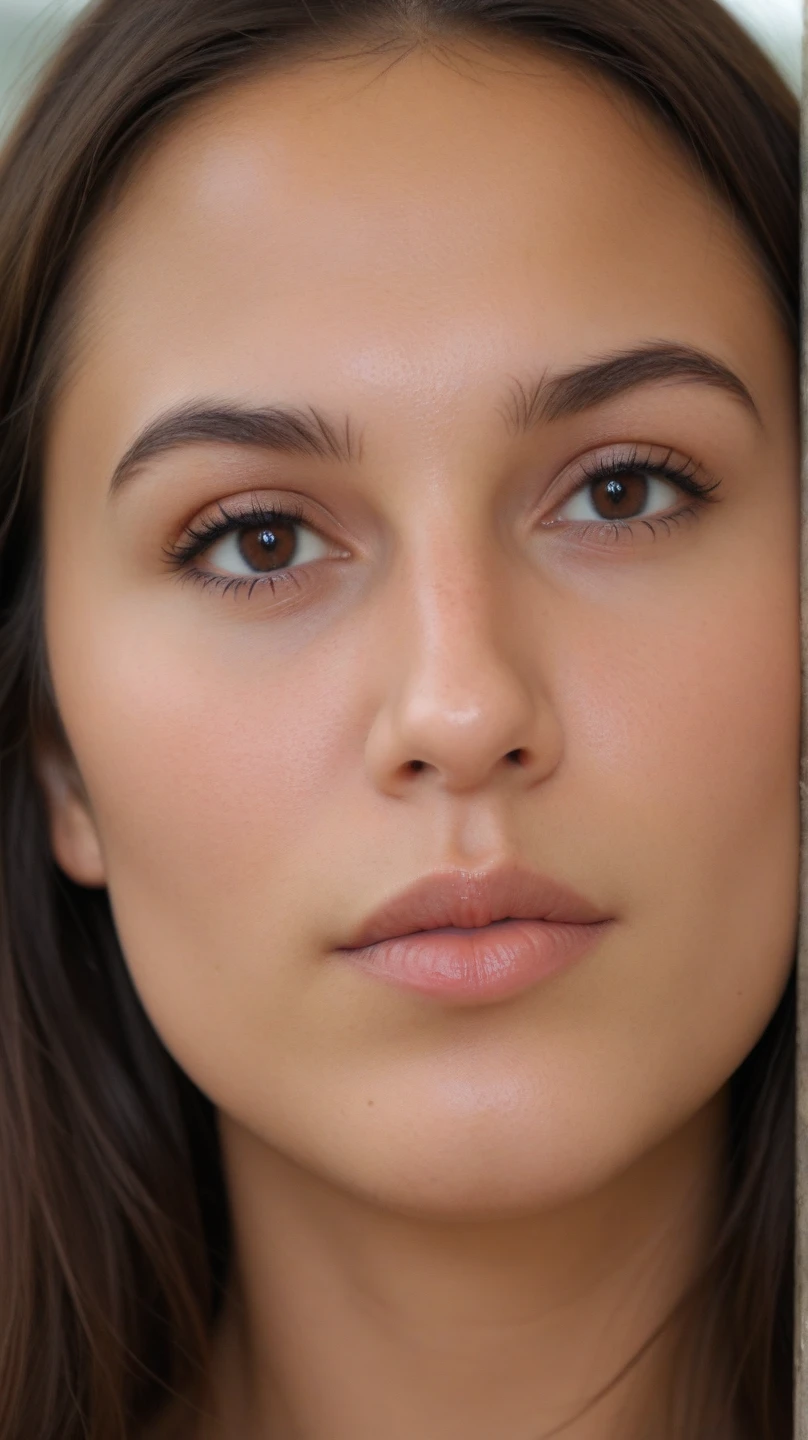 A realistic photo of a close up of a brunette woman, straight hair ...