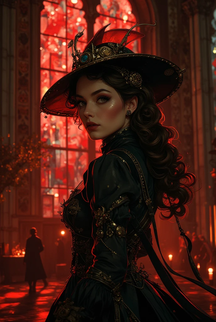 A dark, winged, sexy steampunk queen reigns, Gothic cathedral backdrop ...