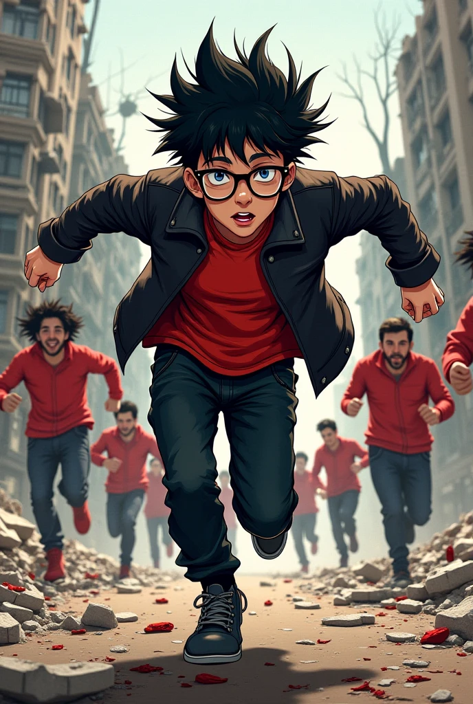 Young man with glasses and black hair emo runs through the destroyed ...