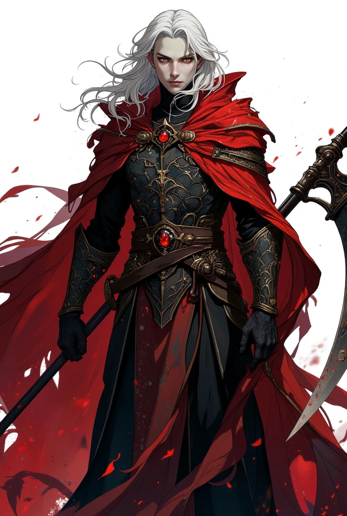 Anime{Against a stark white background stands an imposing figure ...