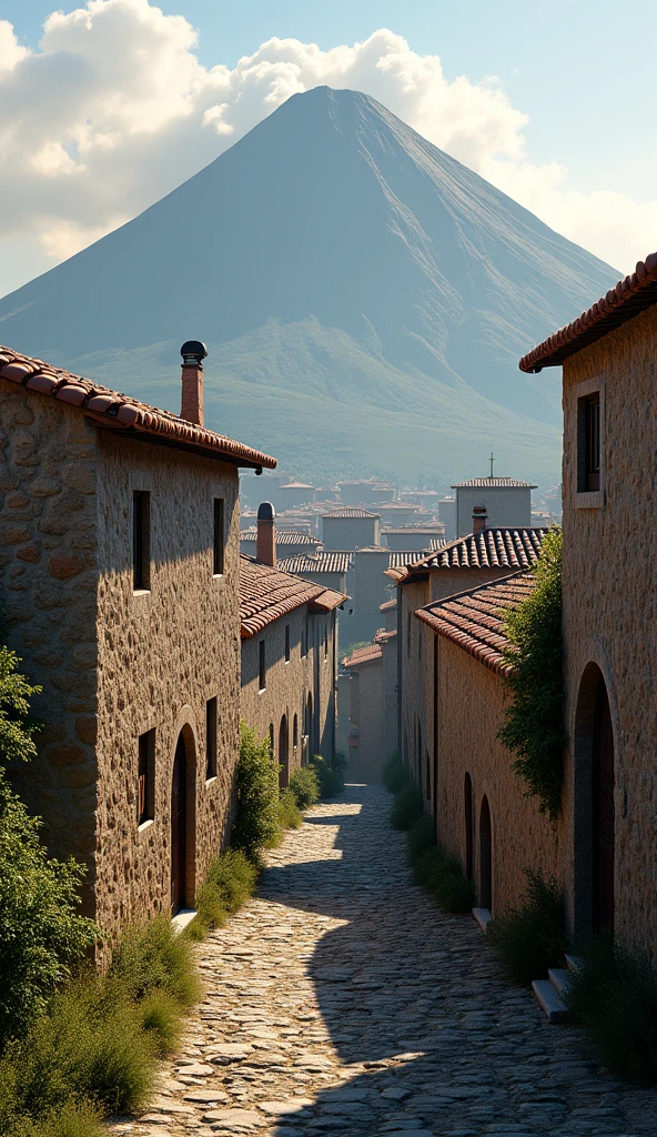 A small medieval stone city located at the foot of an imposing volcano ...
