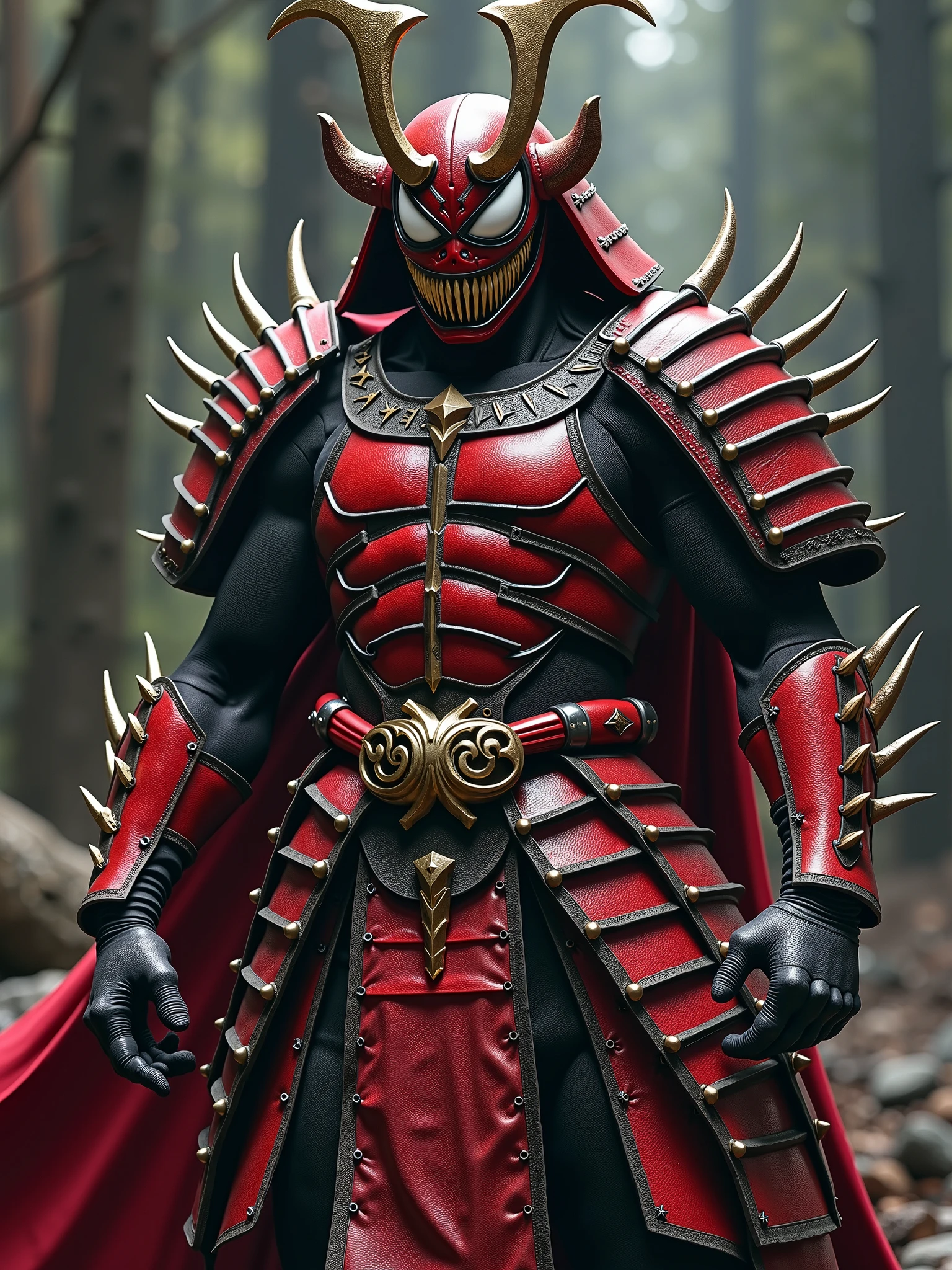 Araffe dressed in armor and a red cape stands in a forest - SeaArt AI
