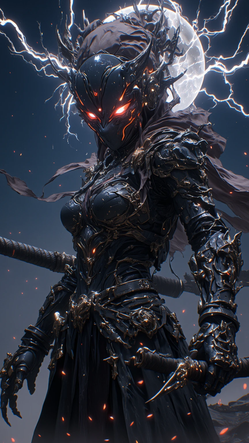 Hooded female Tomb Soldier Robot Vampire Assassin。 flashing red eyes ...