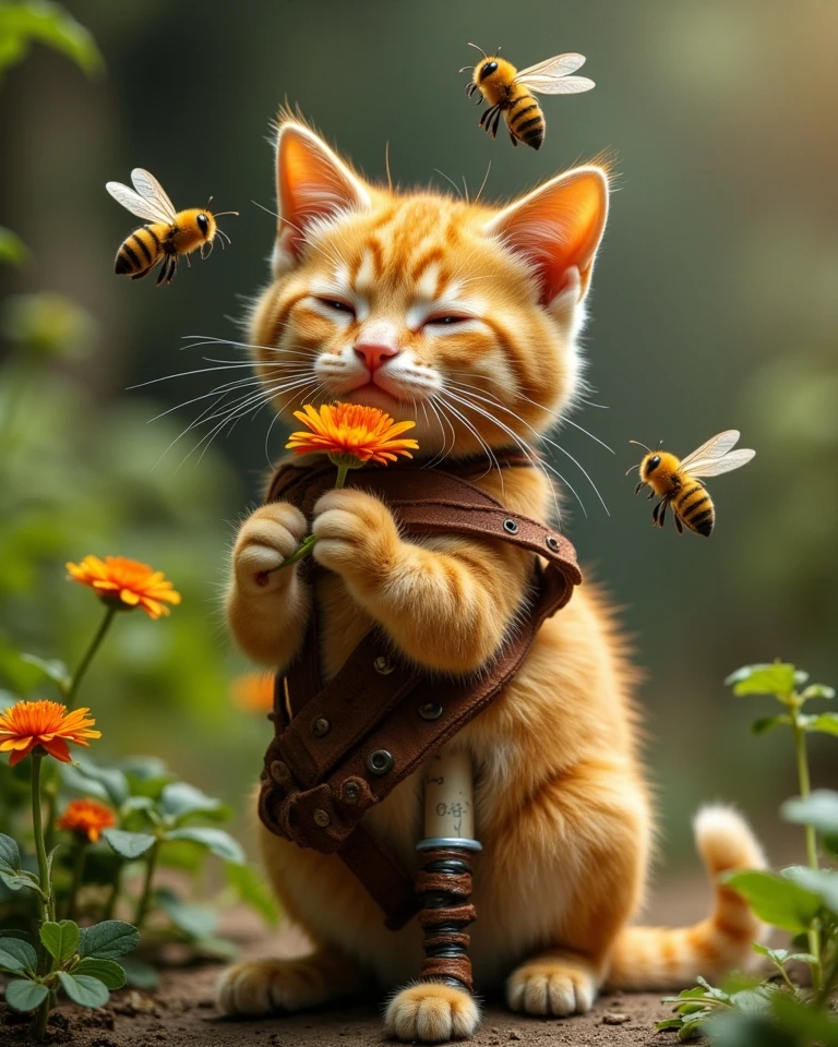 A cat with a wooden leg eats a flower. Three bees circle above his head ...