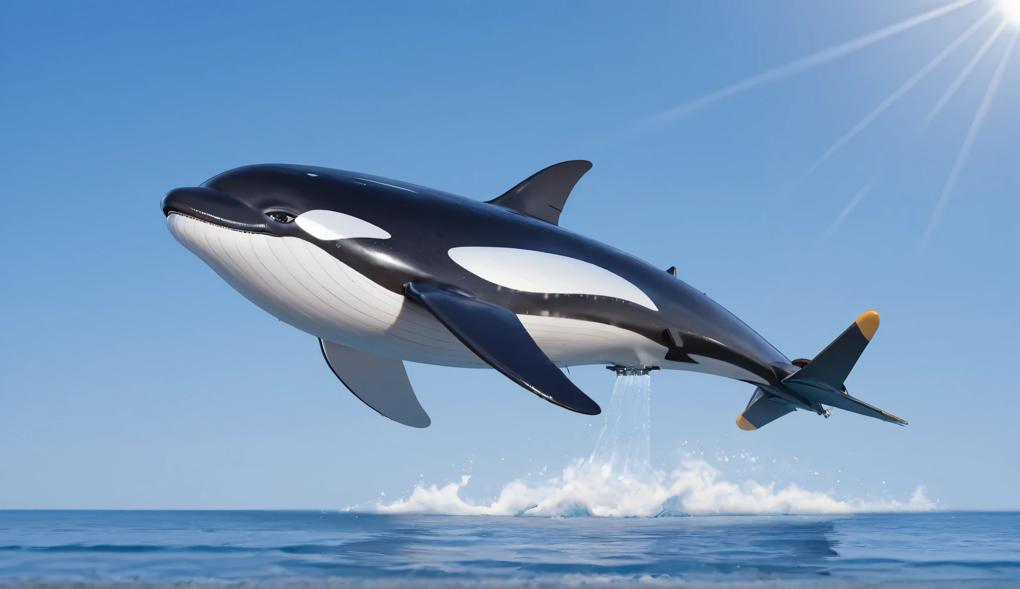 There is a large black and white whale flying over the ocean - SeaArt AI
