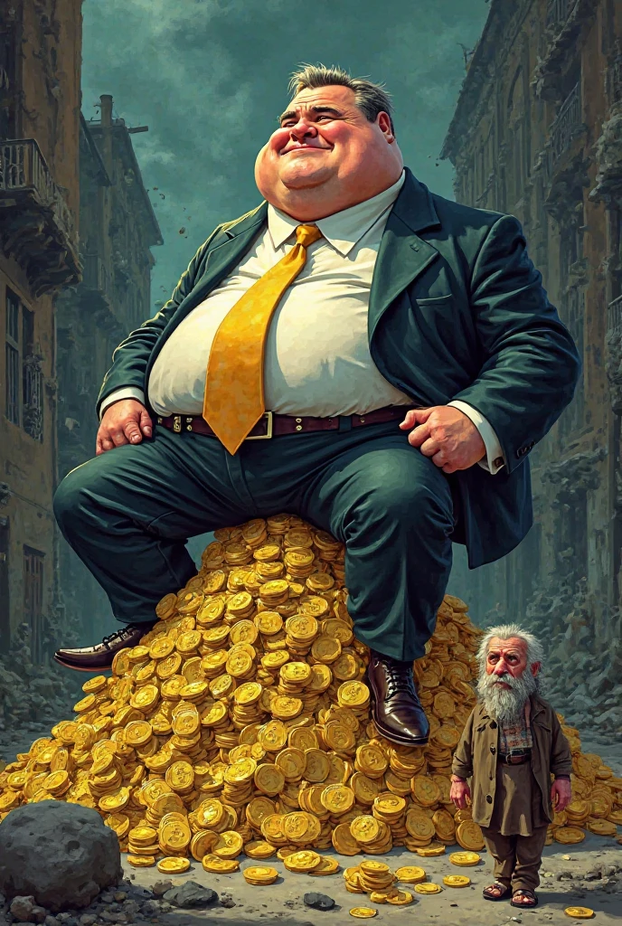 Create a cartoon where a rich fat man is sitting on a daughter of money ...