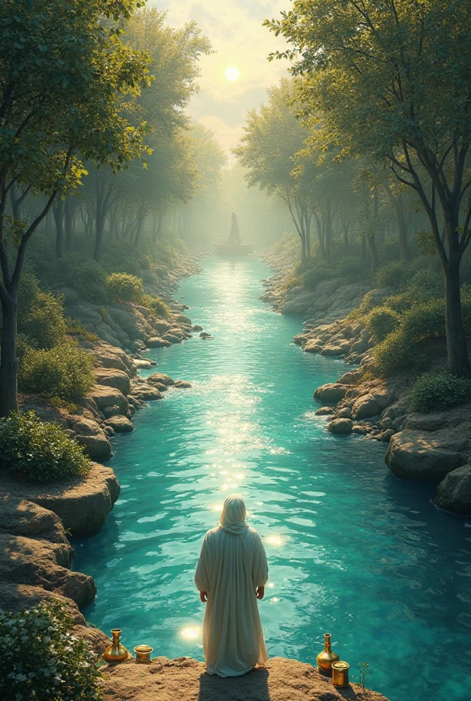 A radiant river flows endlessly, its waters shining like liquid silver ...