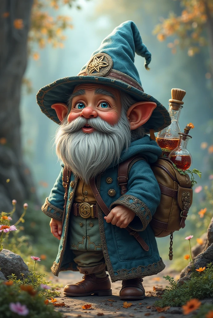 A gnome wizard, green, small, bright blue eyes, a backpack filled with ...