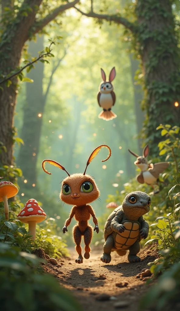 A brave little ant leads a rabbit, an owl and a turtle through a dense ...