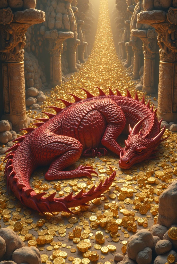 Ona mountain of gold coins with a sleeping red dragon on top - SeaArt AI