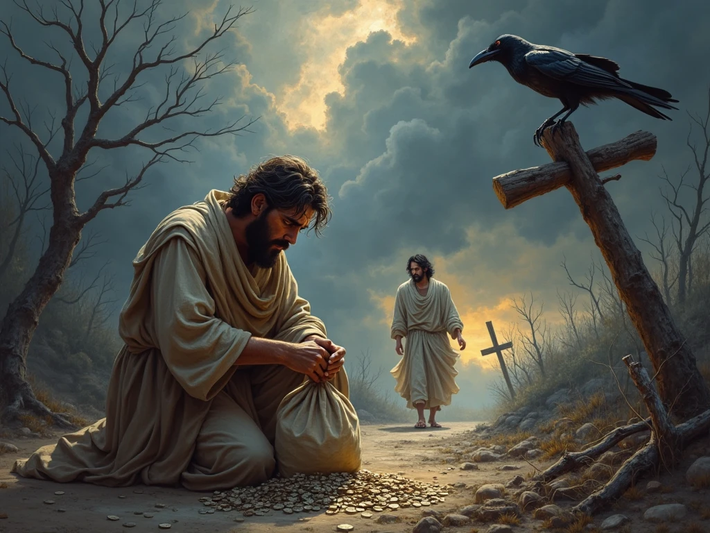 "A dramatic and symbolic painting depicting betrayal, inspired by the ...