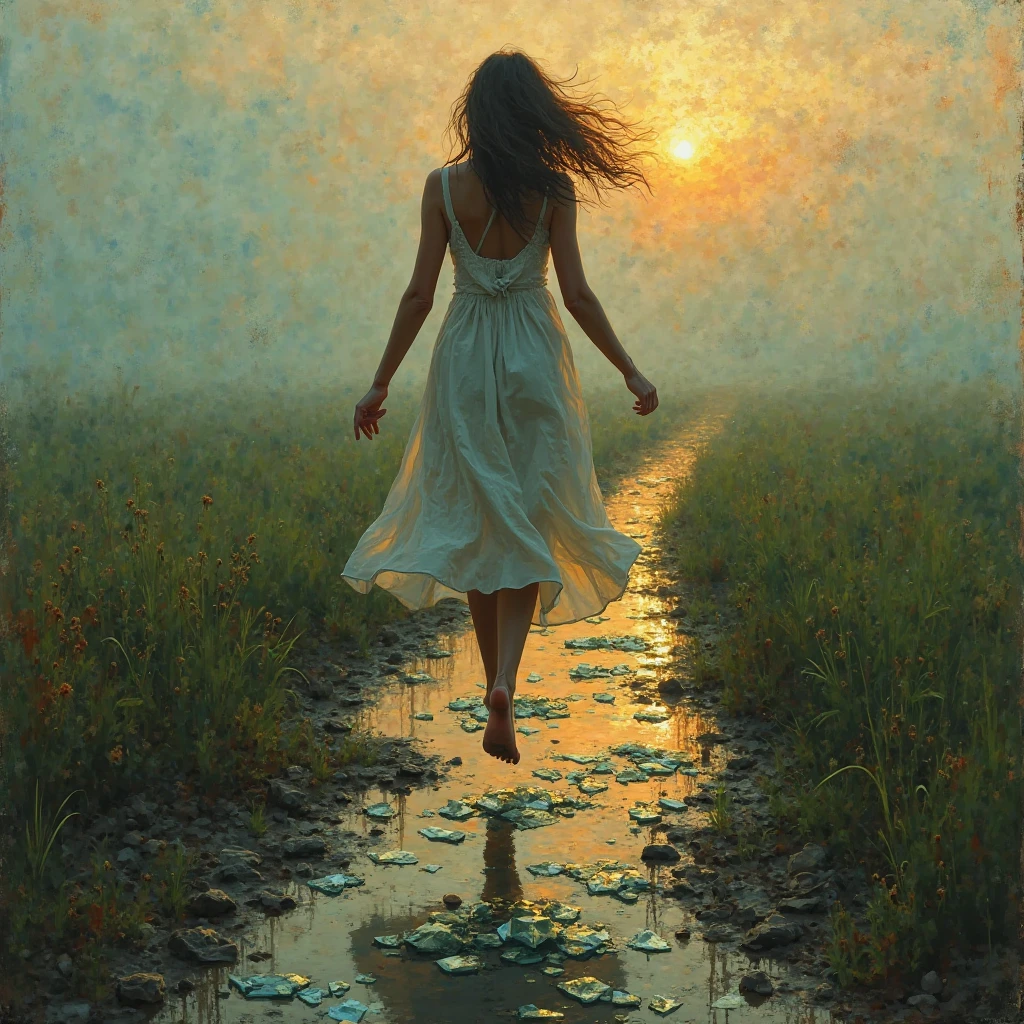 In a twilight setting where shadows and light blend gently, a barefoot ...
