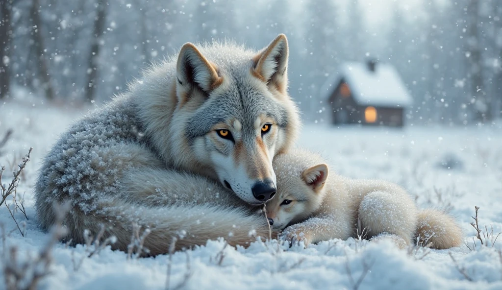 A mother wolf with cub in snow fall with a cute baby before human home ...