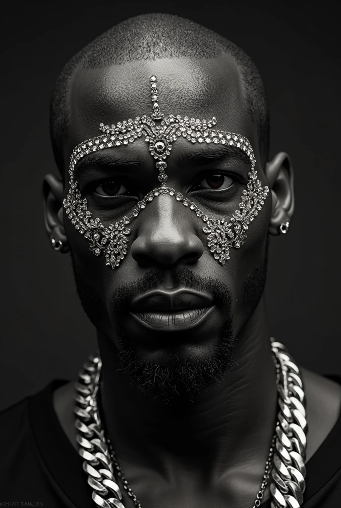 A black rapper from the chest up in black and white with jewels - SeaArt AI
