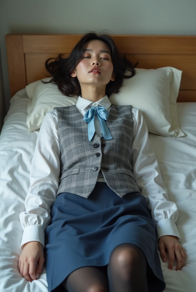 A beautiful young Japanese woman, fainting, She lies on a bed on back ...