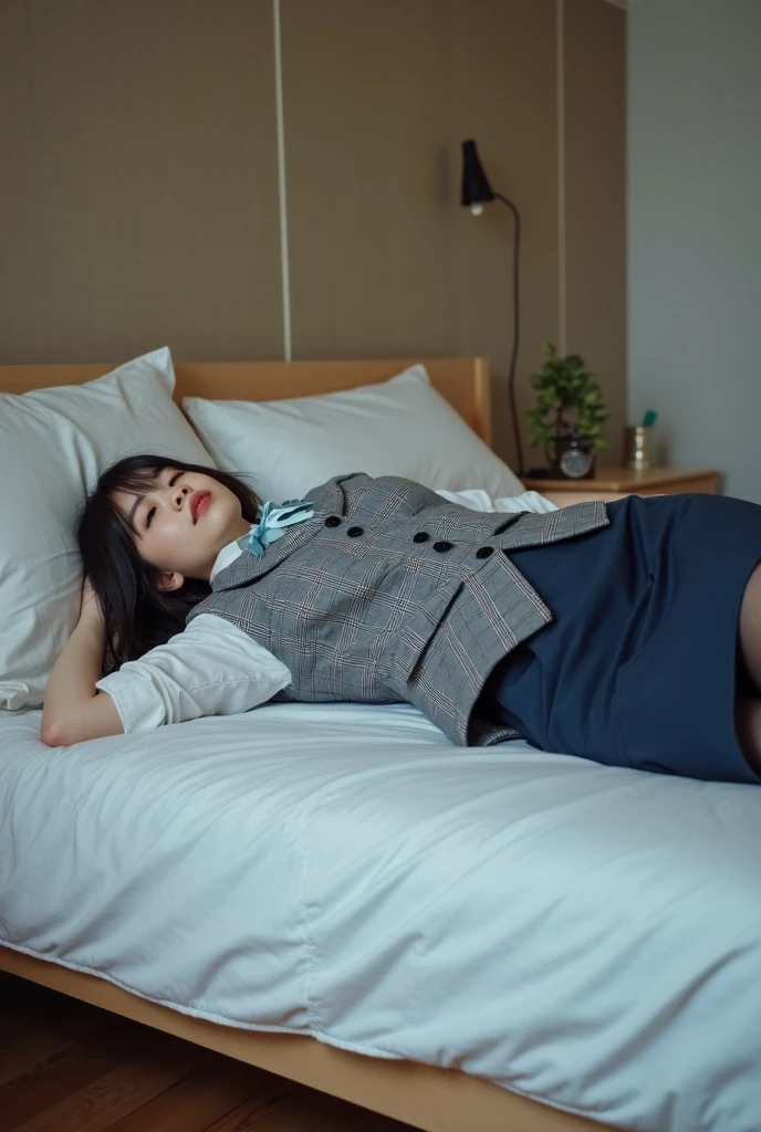 A beautiful young Japanese woman is fainting ona bed, She lies on a bed ...