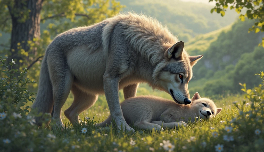 A mother wolf with cub full green background looking in right side ...