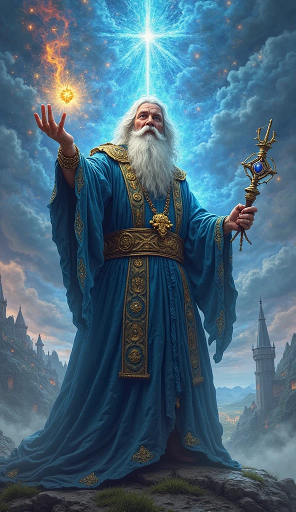 An ancient wizard wearing a blue robe adorned with golden arcane ...